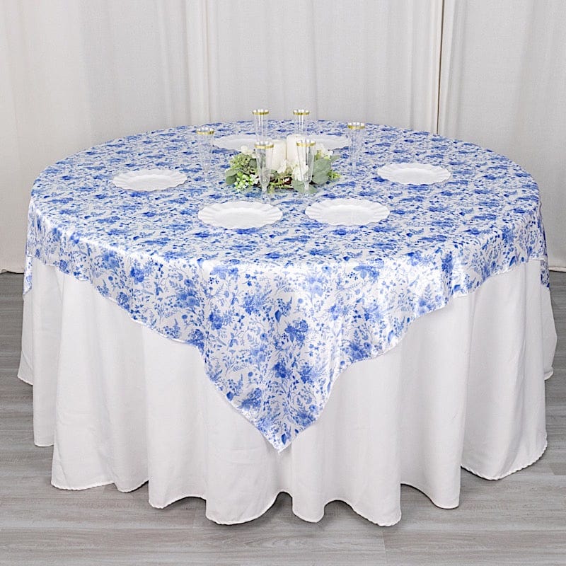 White 72x72 in Satin Square Table Overlay with Blue Floral Design ...