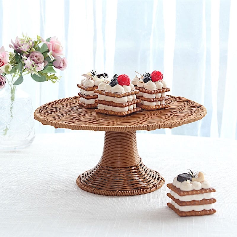 12 in Natural Round Plastic Rattan Wicker Pedestal Cake Stand – Balsa ...