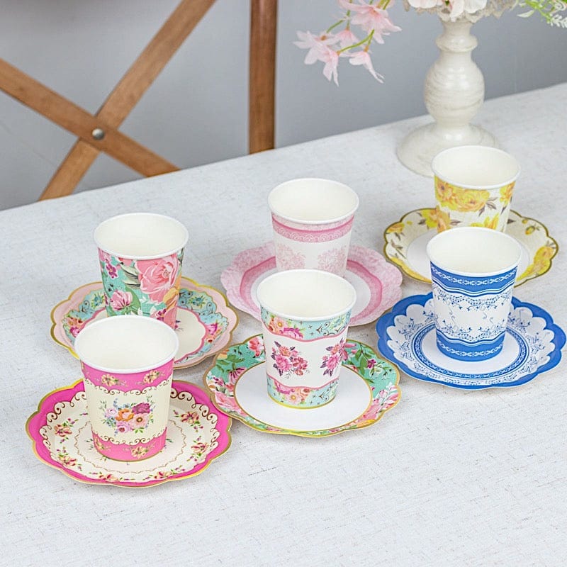 24 Assorted Disposable Paper Drinking Cups and Saucers Floral Design ...