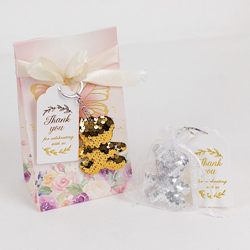 20 Gold and Silver 3 in Sequin Teddy Bear Keychains with Organza Bags ...