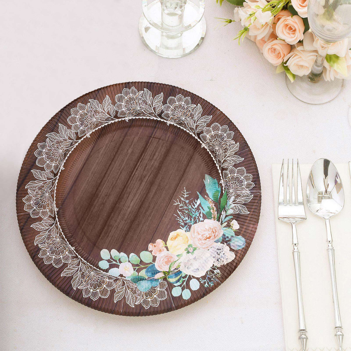 25 Brown 8 in Wood Print Dessert Paper Plates with Floral Lace Trim ...