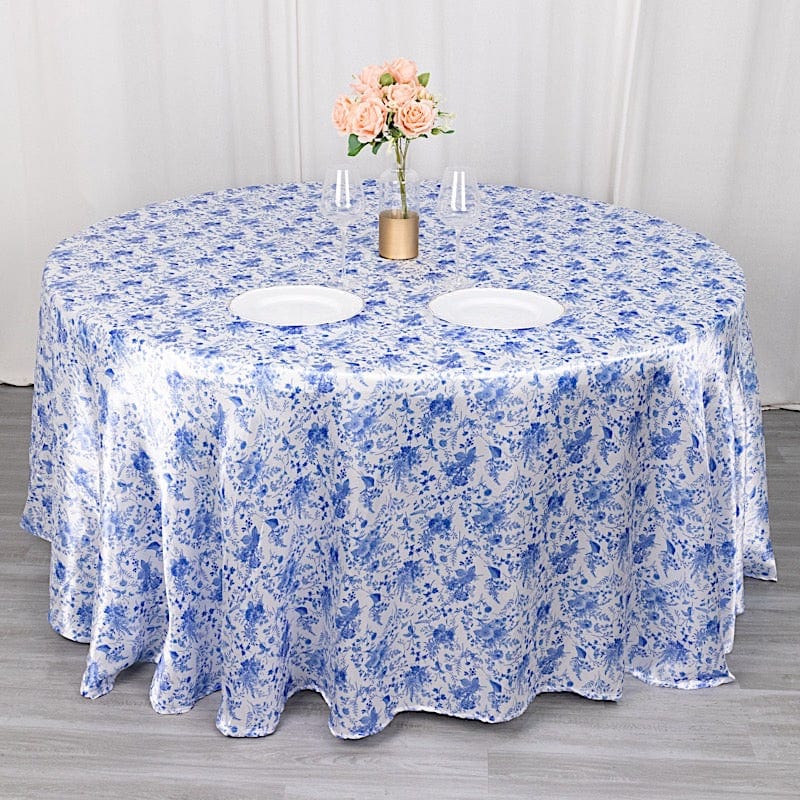 120 in White Satin Round Tablecloth Blue Floral Print Party Linens – Balsa Circle, LLC