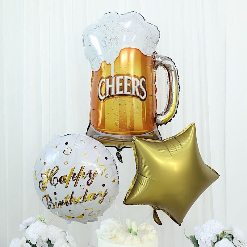 5 Gold and White Round Beer Mug and Stars Mylar Foil Balloons Set ...