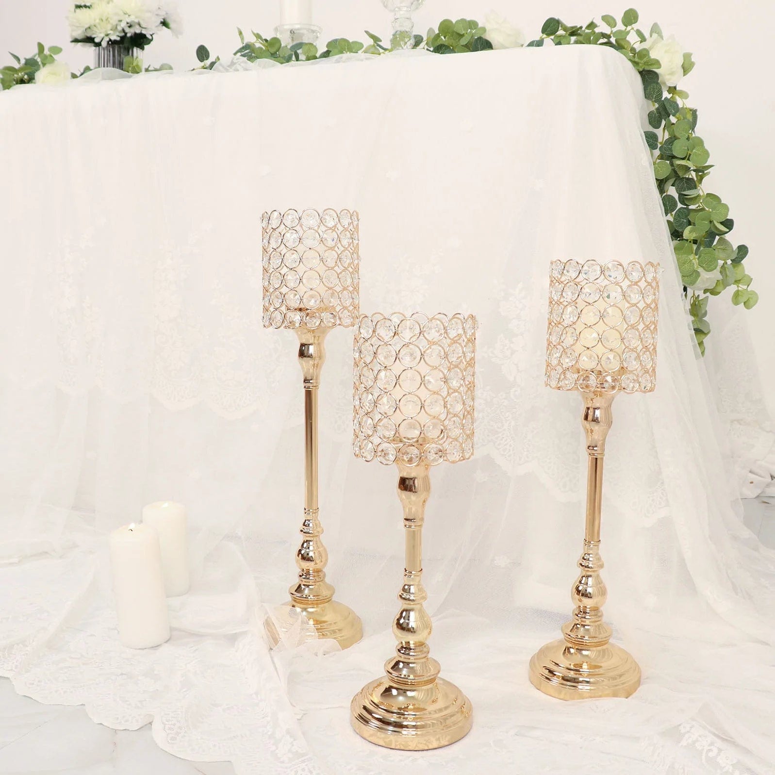 3 Gold Crystal Beaded Metal Goblet Votive Candle Holders Centerpieces ...