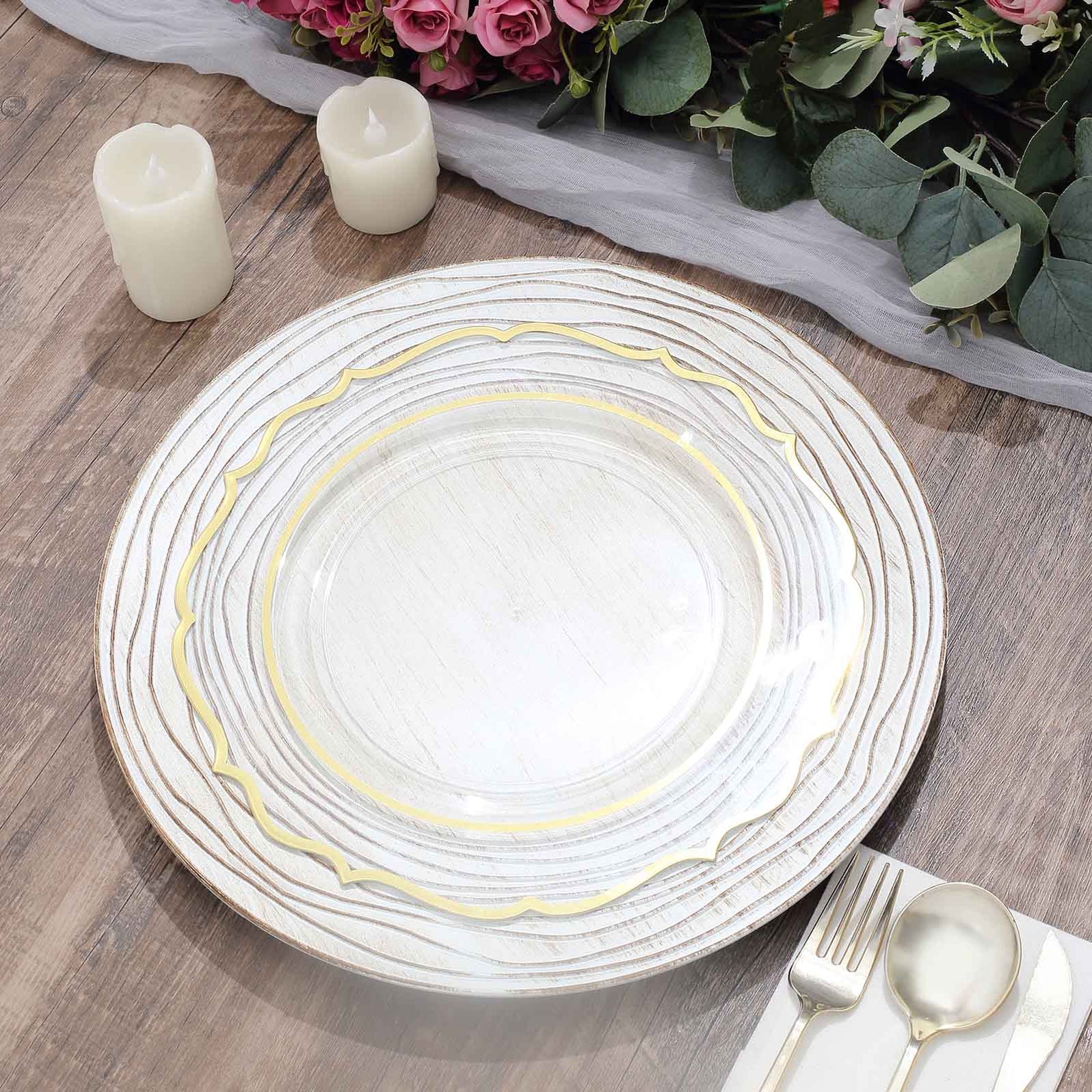 6 White Washed 13 in Rustic Wooden Round Plastic Charger Plates – Balsa ...