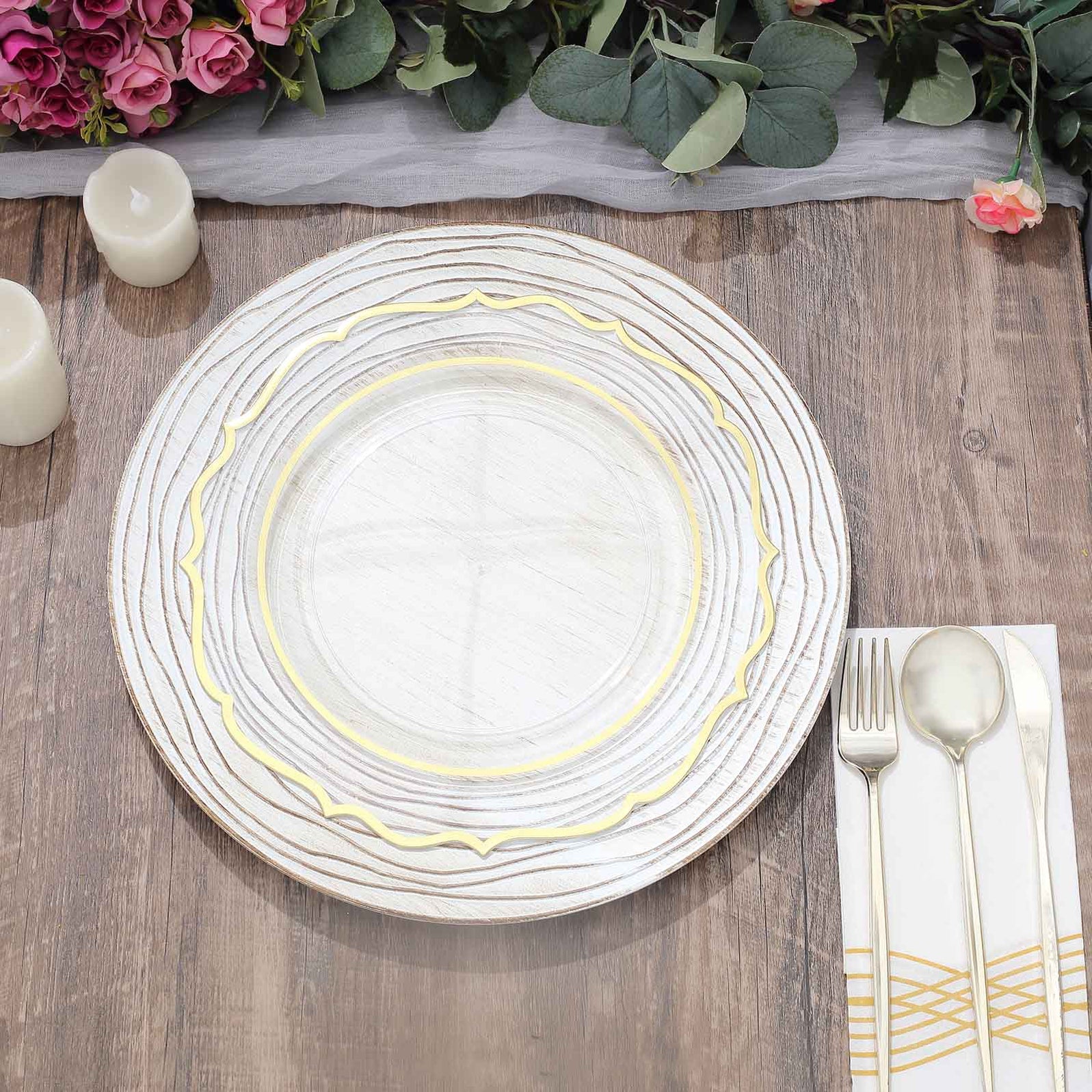 6 White Washed 13 in Rustic Wooden Round Plastic Charger Plates – Balsa ...