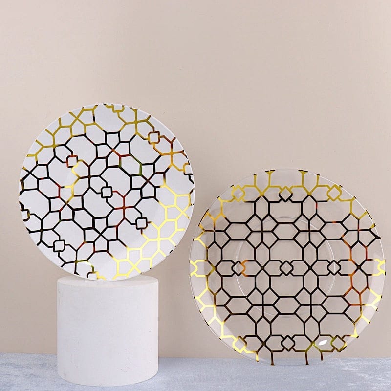 20 Round Salad and Dinner Plastic Plates with Gold Geometric Design ...